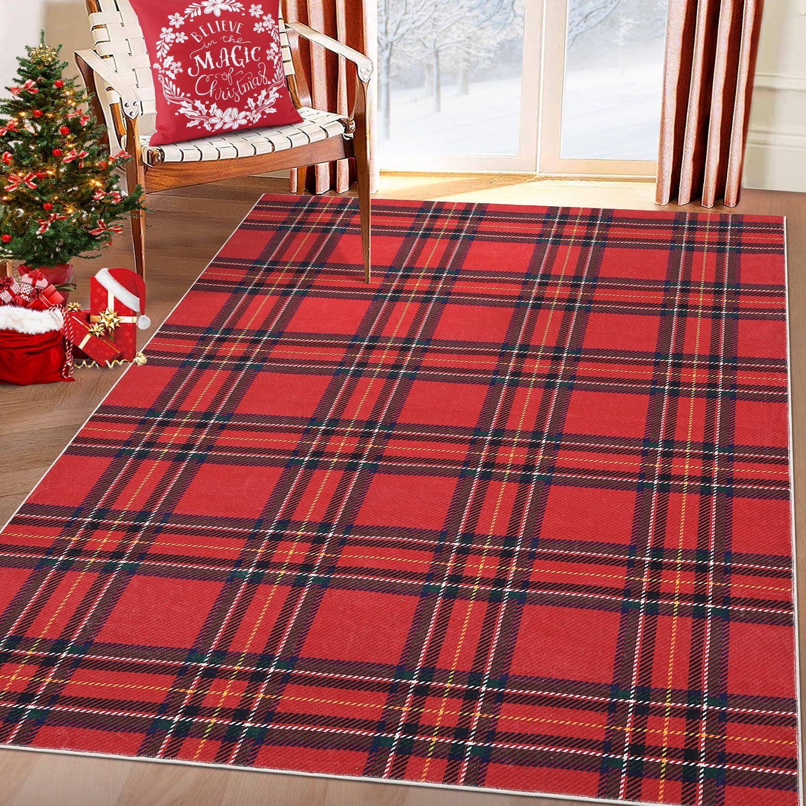 GarveeHome Christmas Runner Rug 2x6 Washable Plaid Area Rug Xmas Decor Pinecone Non Slip Kitchen Rugs Bath Mat Low Pile Entryway Rug Soft Stain Resistant Carpet for Laundry Entance Border|Red 2'x6'