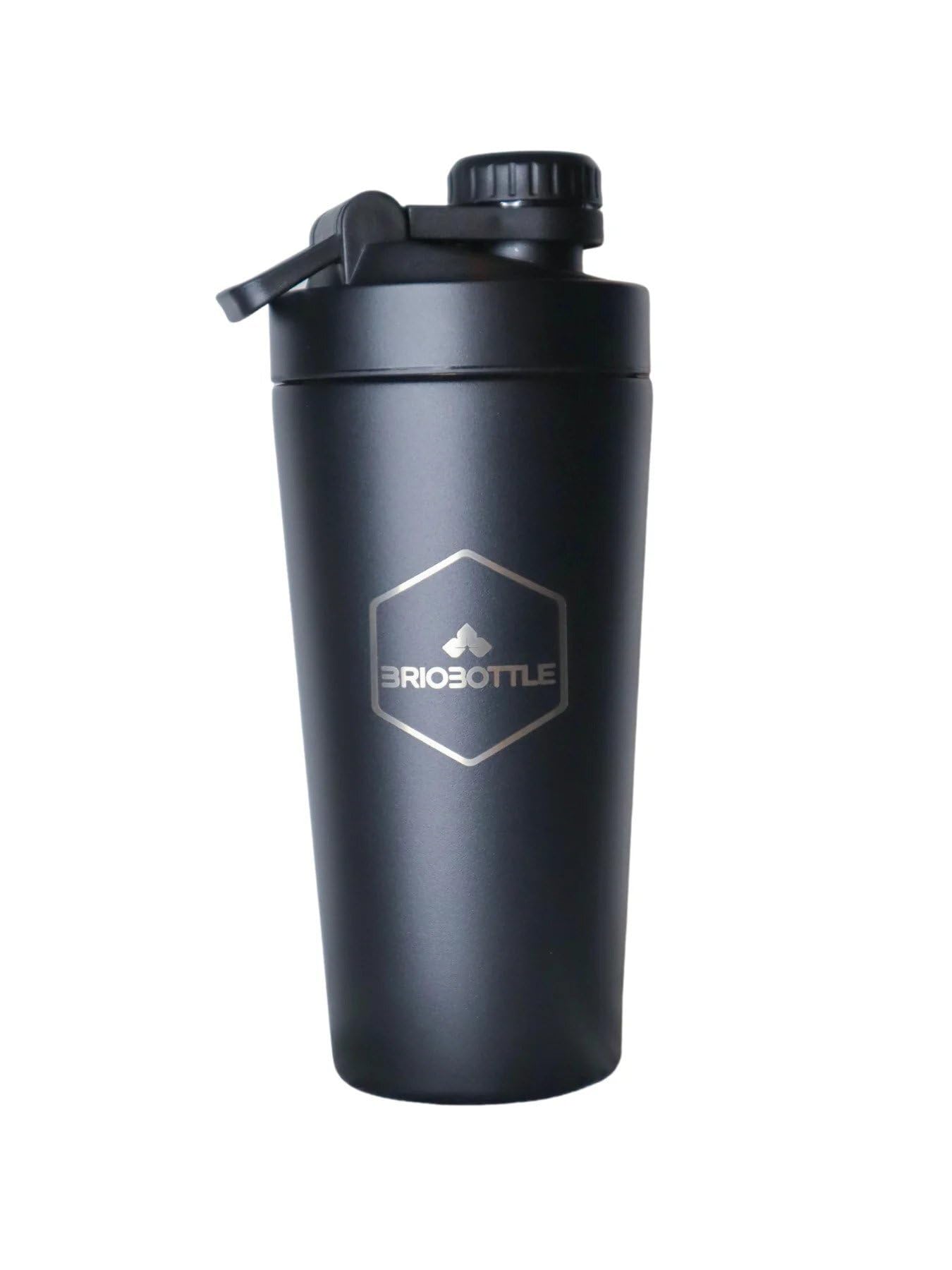 BrioBottle ™ Stainless Steel Shaker Bottle - 24oz Insulated Protein Metal Cup - Reusable Odor Resistant Smoothie Shaker Bottle - Black Water Bottle