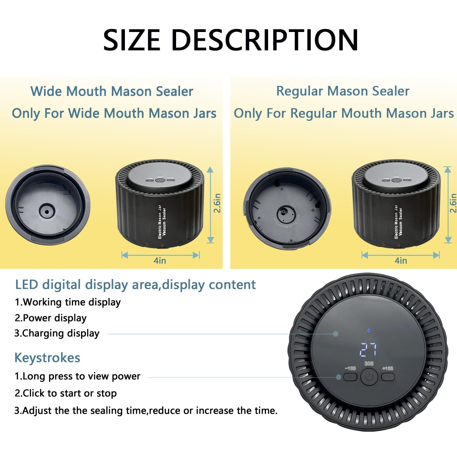 Electric Mason Jar Vacuum Sealer Kit for Wide Mouth and Regular Mouth Mason Jars, MEVERTRY Cordless Auto FoodSaver Vacuum Sealer, Canning Food Storage with LED Count-down Display
