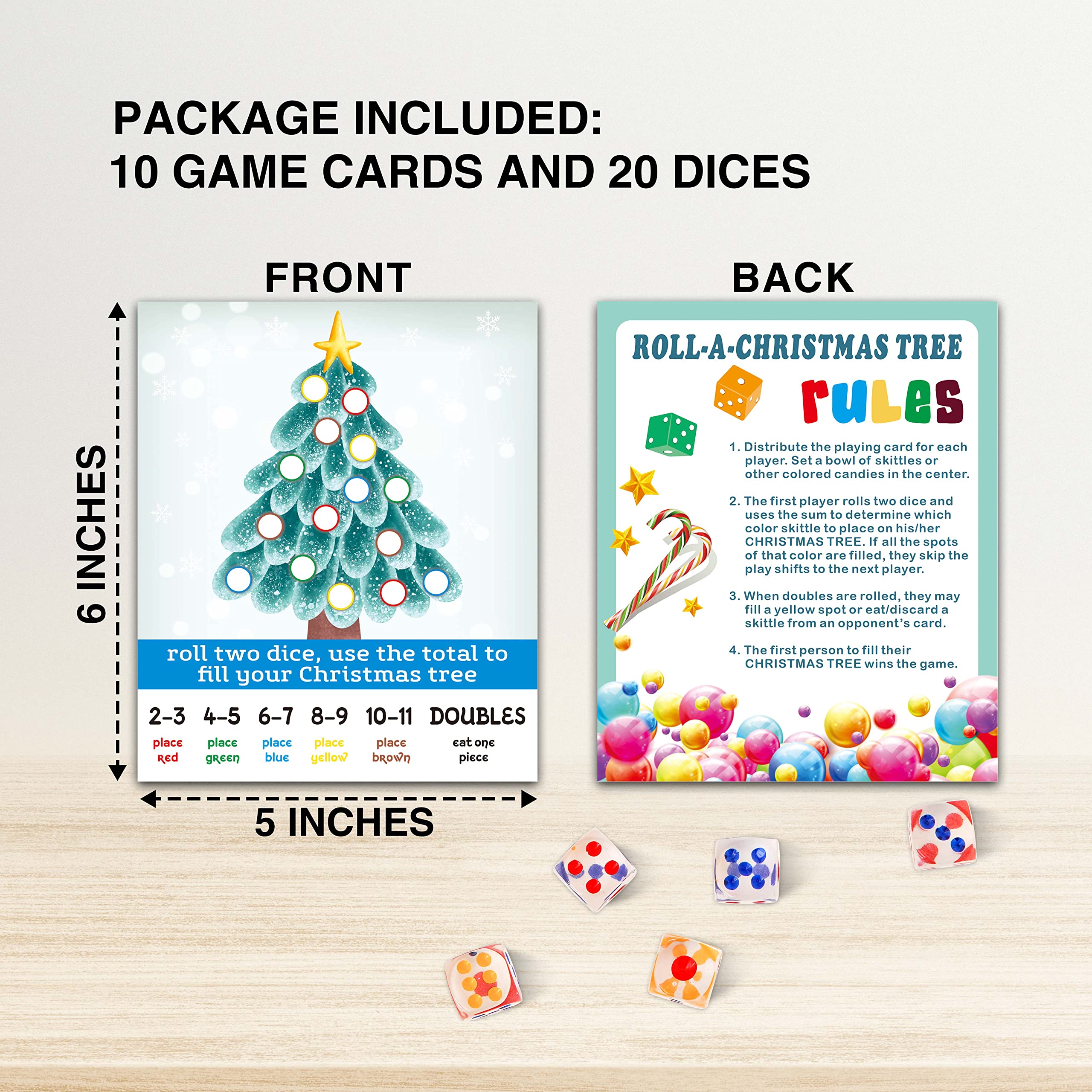 Christmas Party Roll The Dice Game, Kids Table Game, 10 Play Cards 20 Transparent Dices - 5 x 6 inches(MMgame-A002)