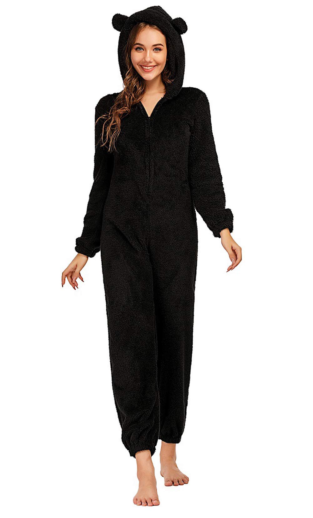 chouyatou Women's Ultra Comfy Lounge Furry Sherpa Romper Onesie Pajamas Cute Ear Hood (Large, Black)