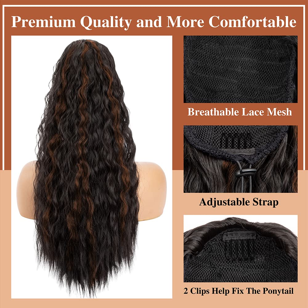 MOTEFOUS Long Wavy Drawstring Ponytail Extension Synthetic Natural Black Curly Wavy Ponytail Hairpieces for Women 24 INCH Wavy Drawstring Ponytail for Black Women (1B)