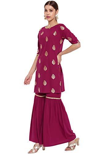Janasya Indian Women's Magenta Poly Crepe Kurti With Sharara And Dupatta(SET250-KR-SHA-M)