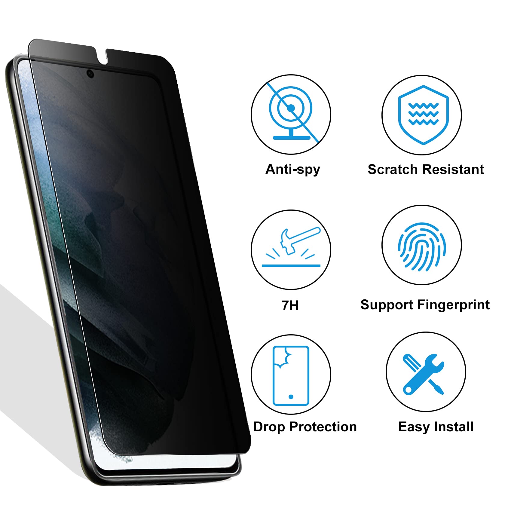 Mothca Anti-Spy Privacy Tempered PET Screen Protector for Samsung Galaxy S21 FE 5G, 2 Pack, Fingerprint ID Compatible, Easy Installation with Frame
