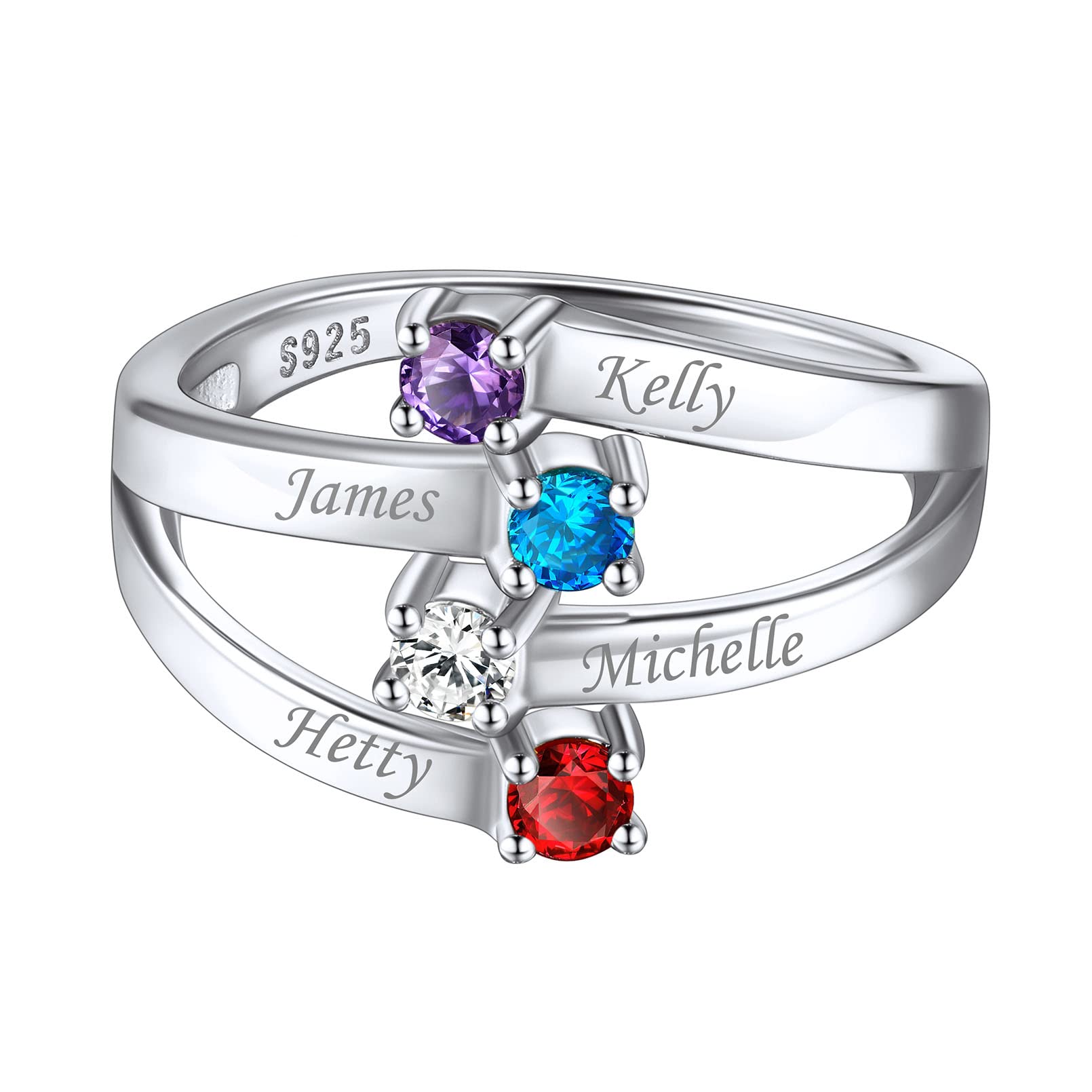 ChicSilver 925 Sterling Silver Simulated Birthstone Promise Rings for Women Personalized Mothers Rings with 4 Birthstones 4 Names Grandma Mom for Her Custom Name Engraved Ring