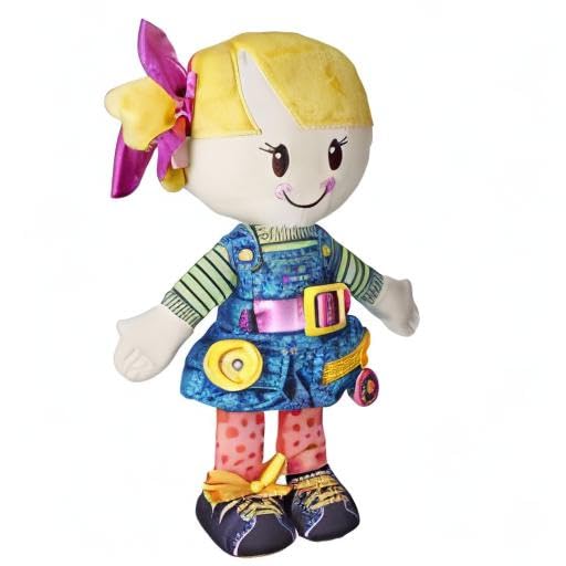 Playskool Dressy Kids Doll with Blonde Hair and Bow, Activity Plush Toy with Zipper, Shoelace, Button, for Ages 2 and Up (Amazon Exclusive)