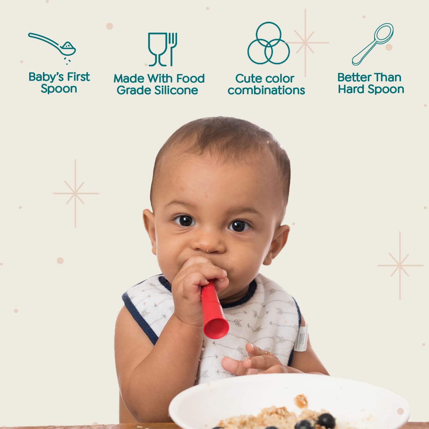 Elle Belle Baby : 4-Pack Silicone Baby Spoon, 6M+ First Stage Feeding, Soft Flexible Tip, Ergonomic Design (Spring Blooms)