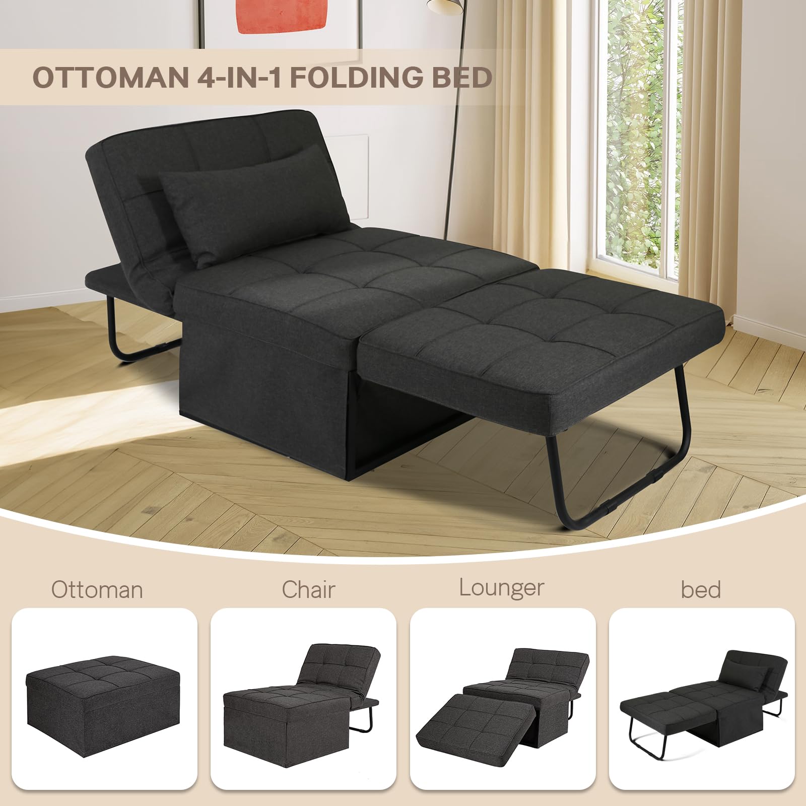 IJIALIFE Ottoman Sofa Folding Sofa Bed(No Installation Required), 4 in-1 Sleeper Chair Bed Multi-Function Folding Convertible Couch Chair Ottoman Bed for Apartment, Small Space,36” Width(Gray)
