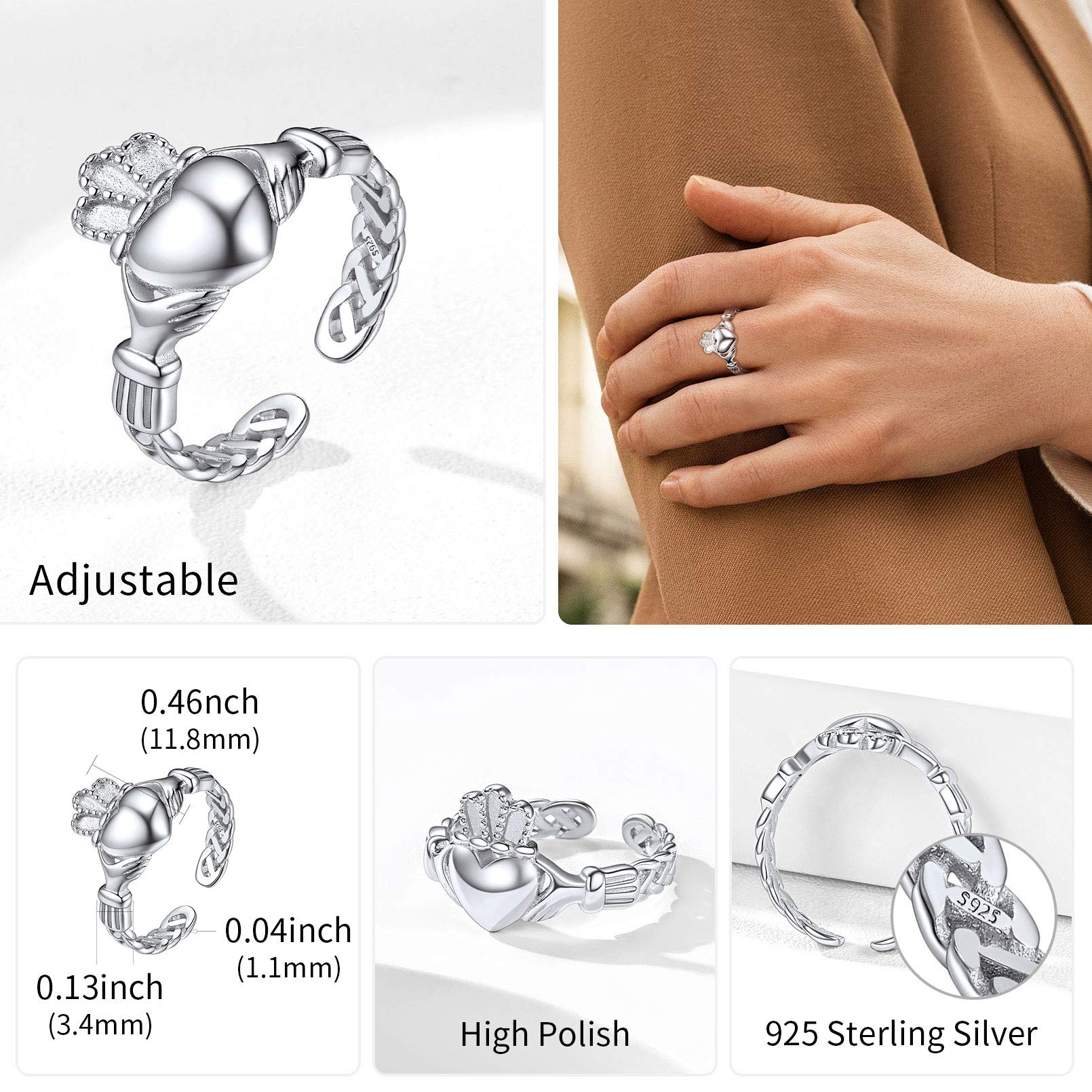 ChicSilver Irish Claddagh Ring 925 Sterling Silver High Polished Traditional Claddagh Celtic Knot Eternity Wedding Band Ring Adjustable
