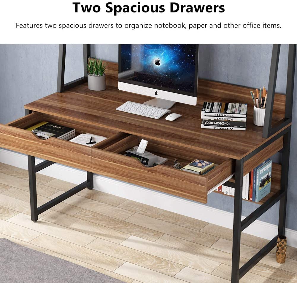 Tribesigns Large Computer Desk with Bookshelf and Drawers, Writing Desk Gaming Gamer Table with Storage and Hutch, 47 “Wood and Metal Craft Table for Home Office