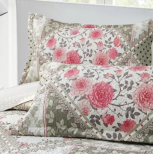 zhuzai 3 Piece Patchwork Quilt Set Full/Queen Size, Green Plaid Floral Bedspread Lightweight Reversible Microfiber Bedding with 2 Shams Shabby Chic Rose Comforter for All Season, 90''x96''