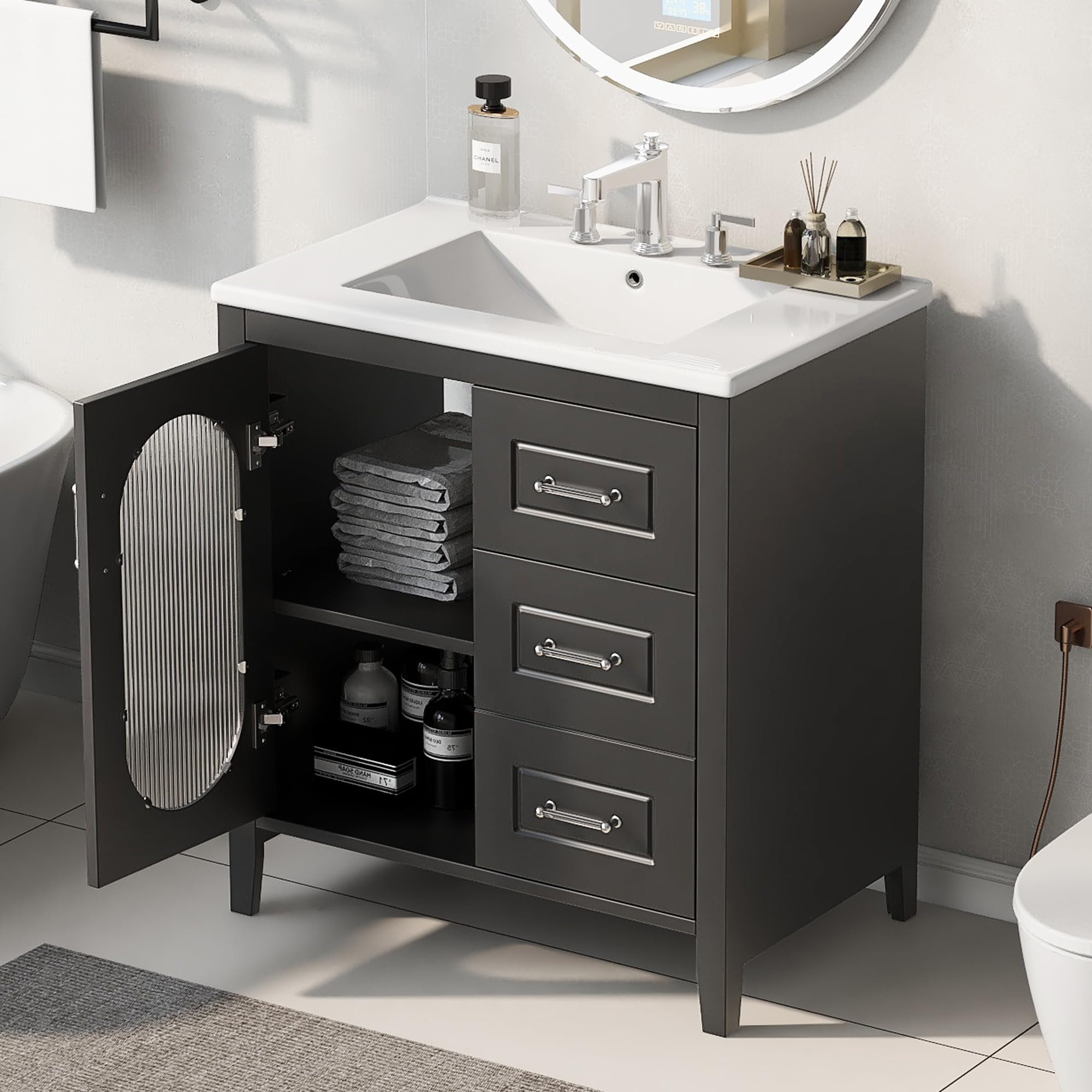 Favfurish 24" Bathroom Vanity with Sink,Wooden Storage Cabinet with Glass Door and Drawers,Adjustable Shelf,Single Undermount Ceramic Basin,for Bath,Easy to Assemble,Black