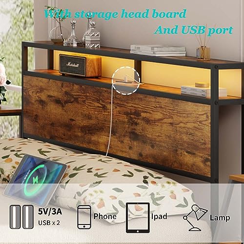 Gustonhon Industrial Queen Bed Frame with Headboard,Metal Bed Frame Queen Size with Storage Under-Bed,Mattress Foundation with LED Lights and Charging Station,2-Tier Storage Shelf (Queen)