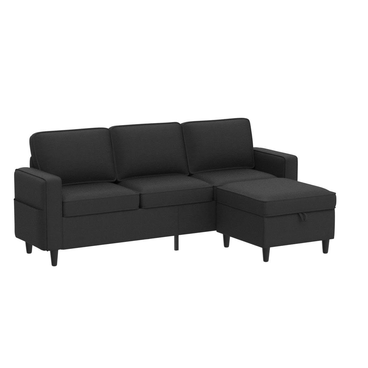 CECER Sectional Sofa, Convertible Couch, L-Shaped Couch with Storage Ottoman, Linen Fabric 3-seat Couches with Movable Ottoman, Chasie Lounge for Small Space-Apartment/Living Room (Dark Grey)