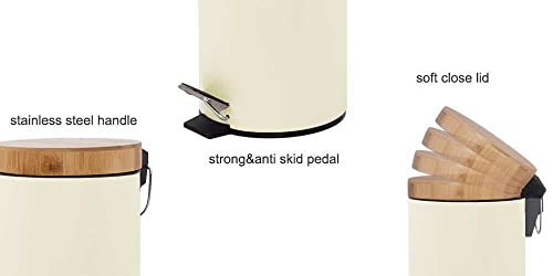L-Line Way Small Bathroom Trash can with Pedal,Eco Friendly Bamboo lid Soft Close,0.8 Gal/3L .Beige Steel with Removable Inner bin.Strong &Anti Skid Pedal.Color Box.Unique & Boutique Style