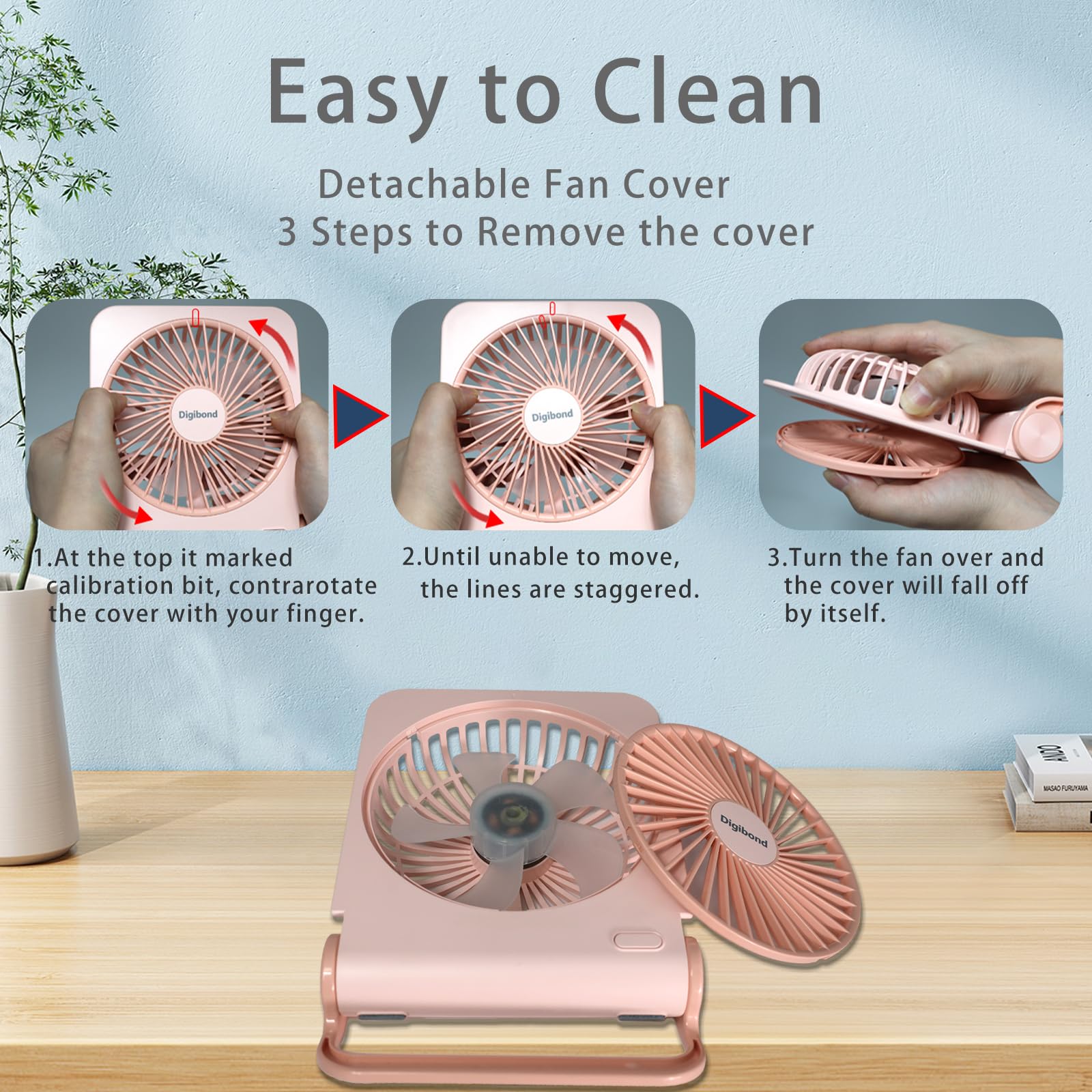 Digibond Pink Mini Desk Fans Small Quiet, 3000mAH Rechargeable High Power USB Fan for Desk Top/Office/Bedroom 4 Speed 5in 225° Rotated Foldable Easy Clean