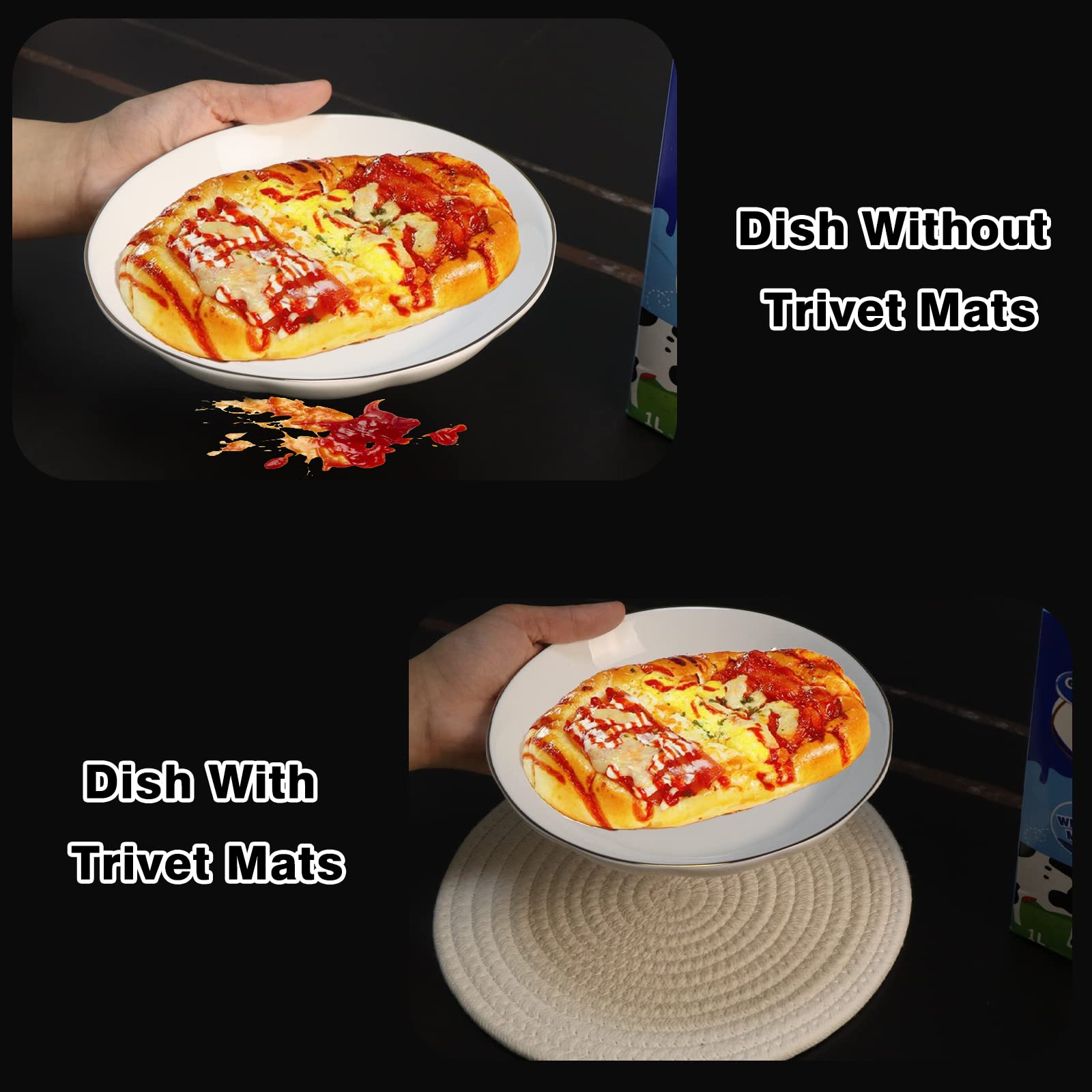 Coomin Trivets for Hot Dishes and Pans, 4Pcs Heat Resistant Pot Holders for Kitchen, 9.5 inch and 7 inch Handmade Woven Potholders, Cotton Pad Mats for Quartz Countertops and Table, Home Decor
