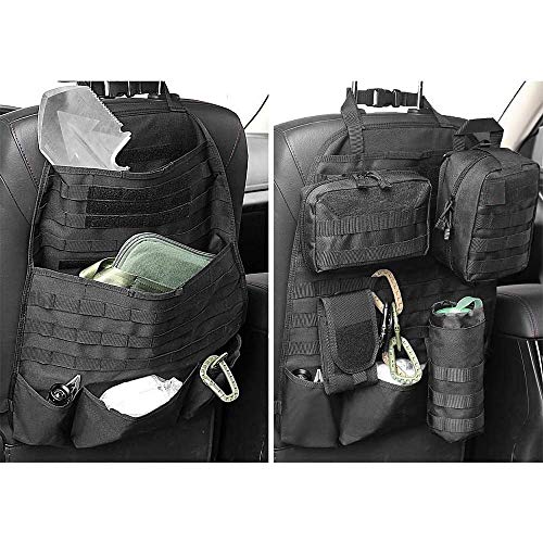 Car Backseat Organizer Tactical Molle Panel Seat Back Protector Cover Nylon Vehicle Car Back Seat Cover Pocket Storage (Black-2pc)