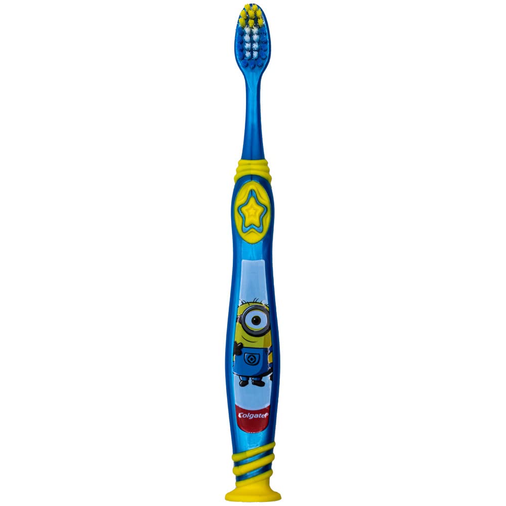 Colgate Minions Toothbrush with Suction Cup, Tongue Cleaner 5+ Years, Extra Soft (Colors Vary) - Pack of 2