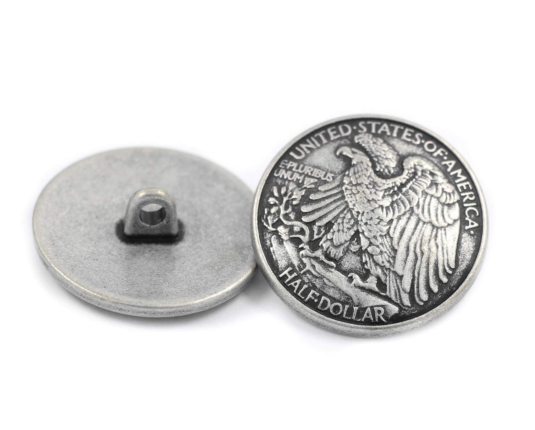 Bezelry 8 Pieces Bald Eagle Coin Style Metal Shank Buttons. 25mm (1 inch) (Antique Silver)