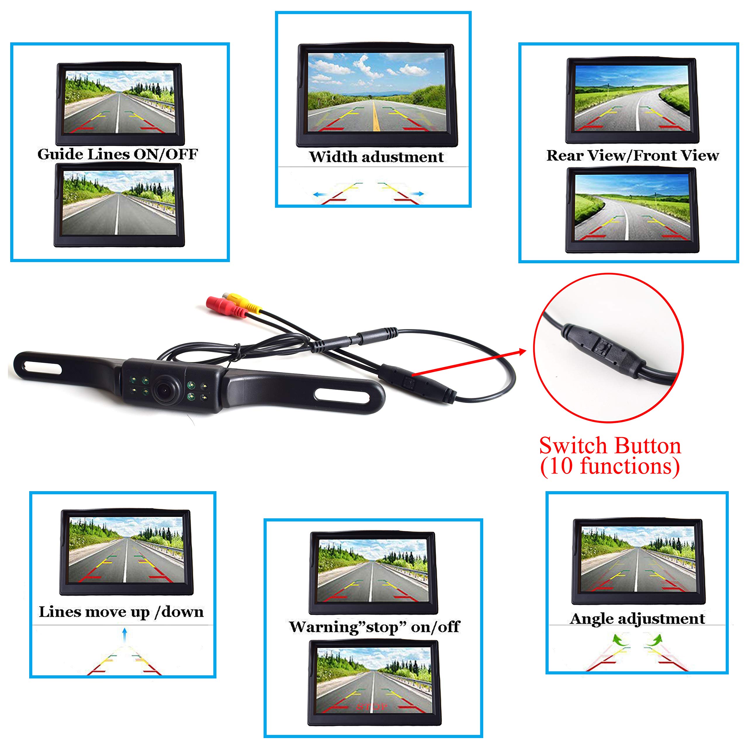 Car Backup Camera License Plate Mount Multifunctional Front/Rear View PAL/NTSC Grid Lines ON/Off Button Switch 7 LED Automatic Night Vision Style DC 12-24V 170 Degree
