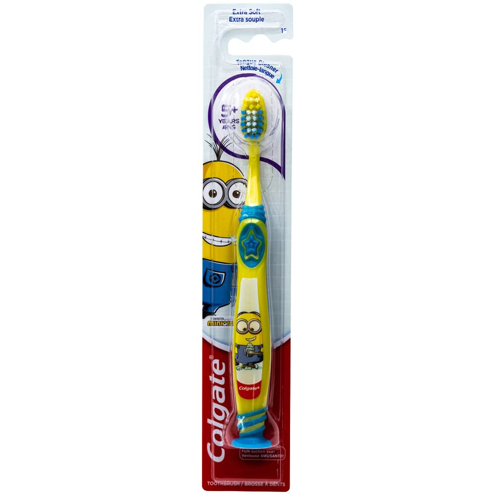 Colgate Minions Toothbrush with Suction Cup, Tongue Cleaner 5+ Years, Extra Soft (Colors Vary) - Pack of 6