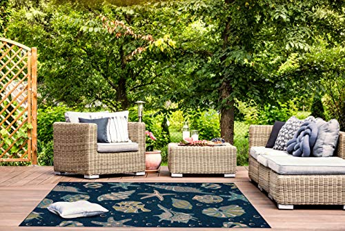 GAD Great American Distributors Sanibel Premium Indoor Outdoor Area Rug Accented Island Seaside Seashell Aquatic Marine Life Design Navy Blue/Gray (5'3"x7'7")