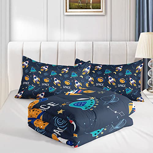 Datura home Kids Space Ship Bedding Comforter Set Galaxy Rocket Printed Pattern Bedding Set with 1 Comforter and 2 Pillowcases for Boys Bedroom All Season(Galaxy Ship Full) Full 80x90''