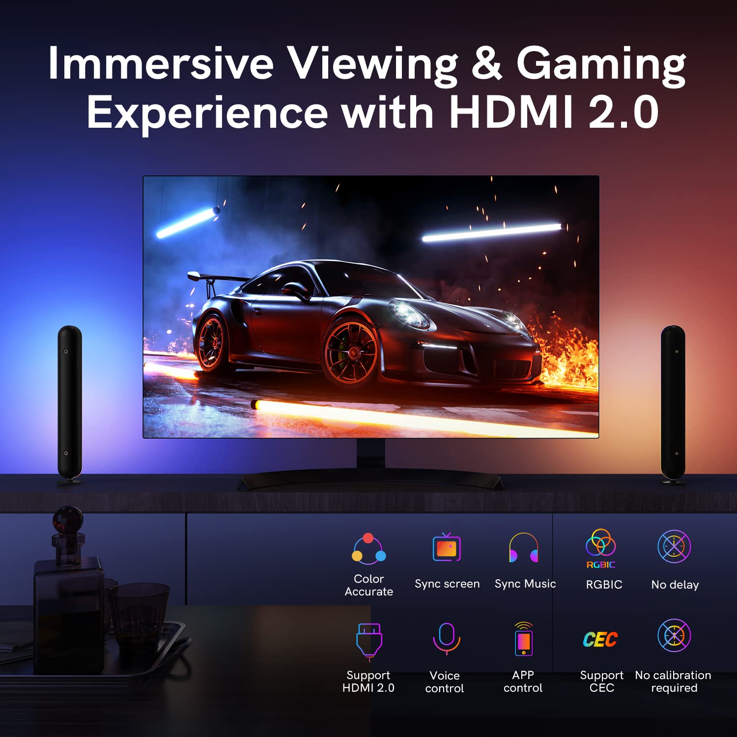 Dekala Smart LED Light Bars Gaming Lights TV Backlights Kit with HDMI 2.0 Box Sync with TV Picture Music, Backlights for 40 45 50 55 65 inch TV 4Pack LED Light Bar Voice/App Control, Work with Alexa