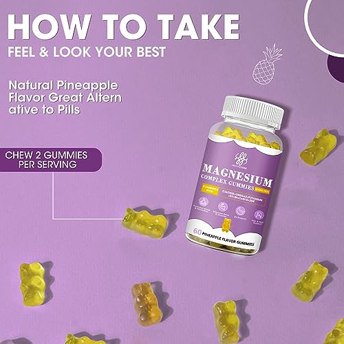 Magnesium Glycinate Gummies with Magnesium Malate, Taurate, Citrate, Magnesium Potassium Complex Supplement with CoQ10, Calcium, Supports for Memory, Bone, Calm, Sleep, 60 Pineapple Gummies