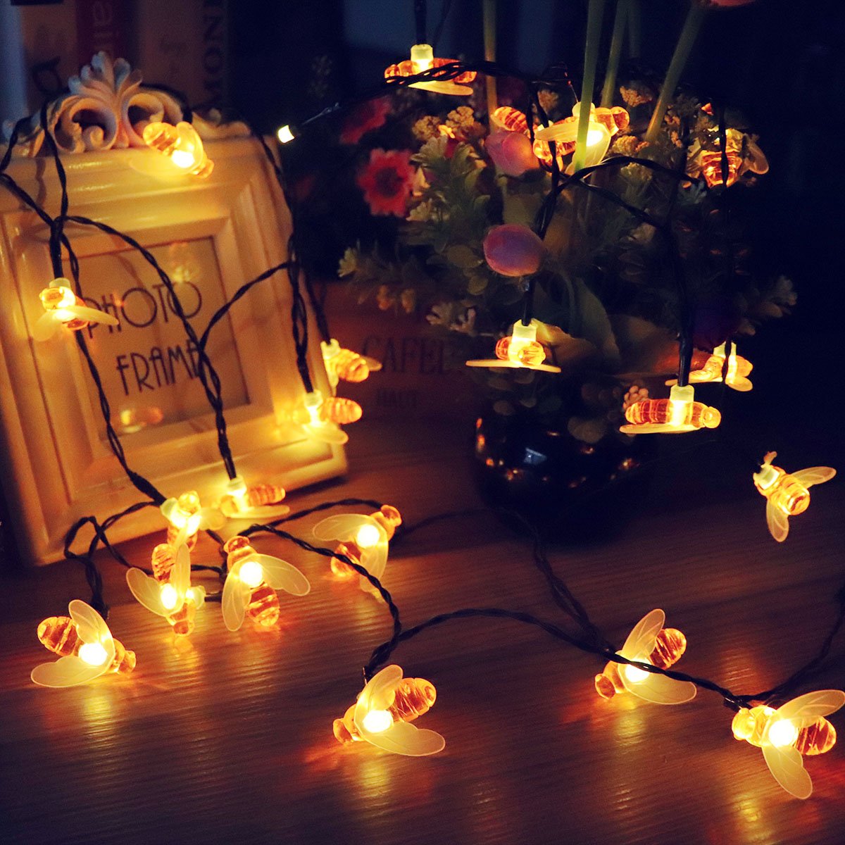Solar Powered String Lights, 30 Cute Honeybee LED Lights, 15FT 8 Modes Starry Lights, Waterproof IP65 Fairy Decorative Lights for Outdoor, Wedding, Homes, Gardens, Patio, Party, (Warm White)