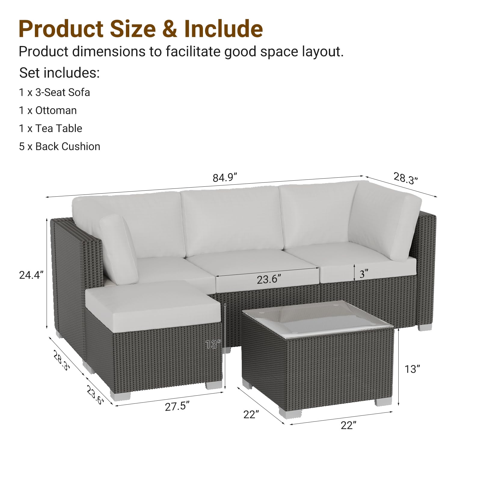 GarveeLife 5-Piece Outdoor Patio Rattan Wicker Sofa Set, Pe Rattan Conversation Sectional with Thickened Back Cushion, Glass Tabletop, Ottoman - Ideal for Courtyard Space, Light-Grey
