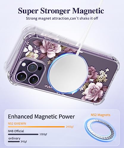 GVIEWIN for iPhone 14 ProMax Case Compatible with MagSafe, [Screen Protector + Camera Lens Protector] [MIL-Grade Protection] Magnetic Floral Clear Shockproof Women Phone Case for 14 Pro Max(Purple)