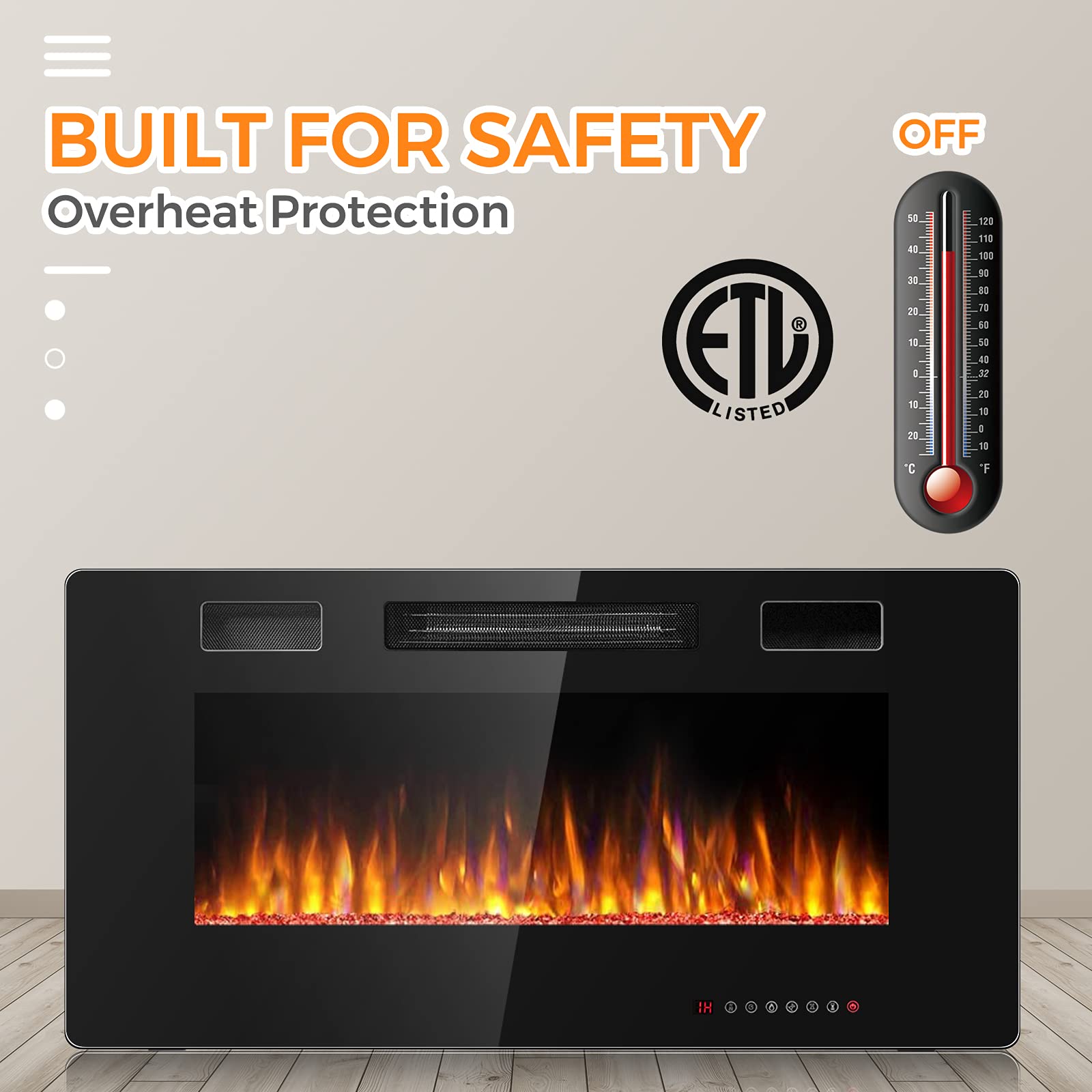COSTWAY 36-Inch Electric Fireplace, 750W/1500W Wall Recessed and Mounted Fireplace Insert with Remote Control, 12 Flame Colors, 5 Brightness Settings, 8 H Timer, Fireplace Heater for Indoor Use