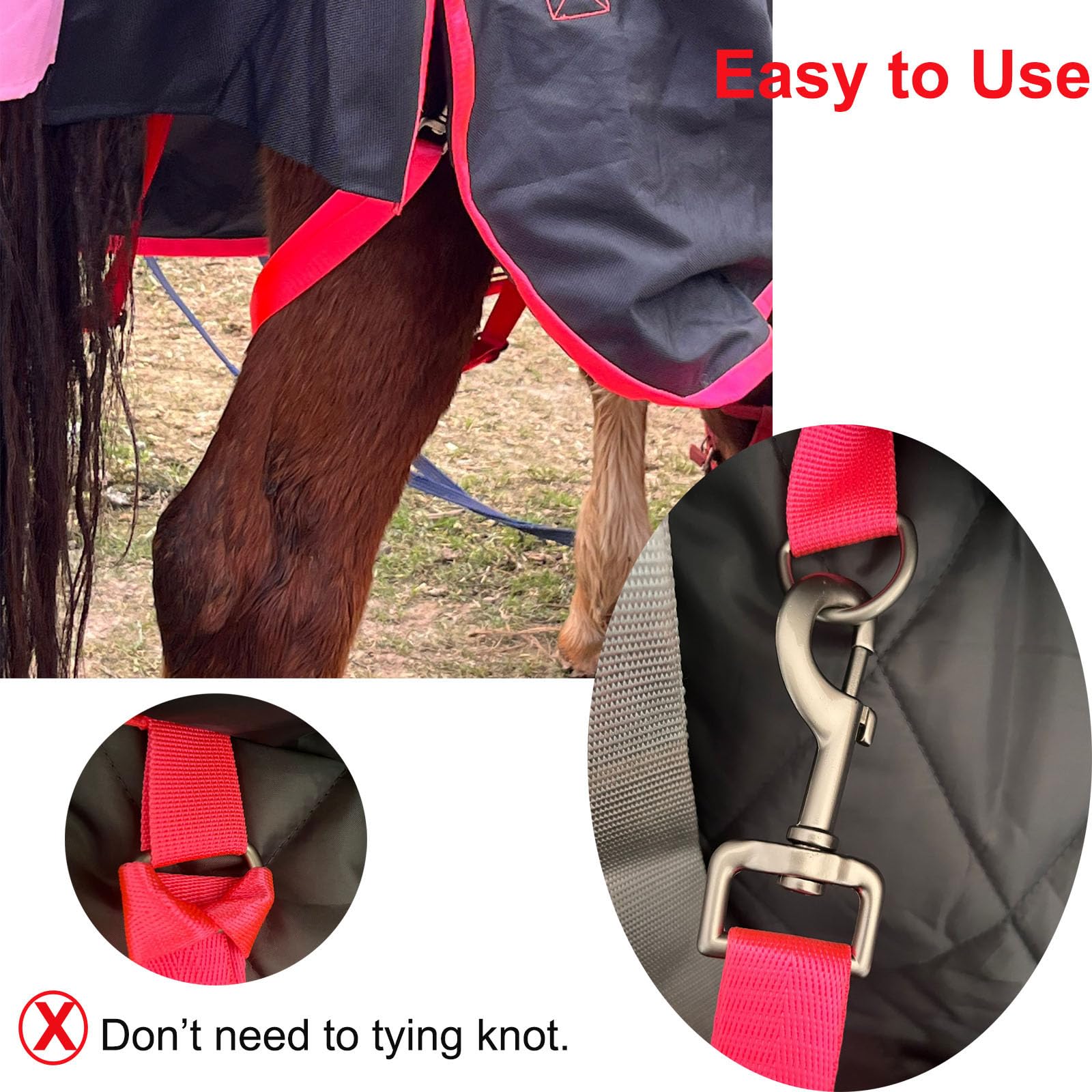 Horse Blanket Sheet Leg Straps, Adjustable Horse Leg Replacement Straps,with Metal Double Swivel Snaps, Adjustable Length from 24 to 42 Inch (Two Side Snaps),Silver 2 PCS