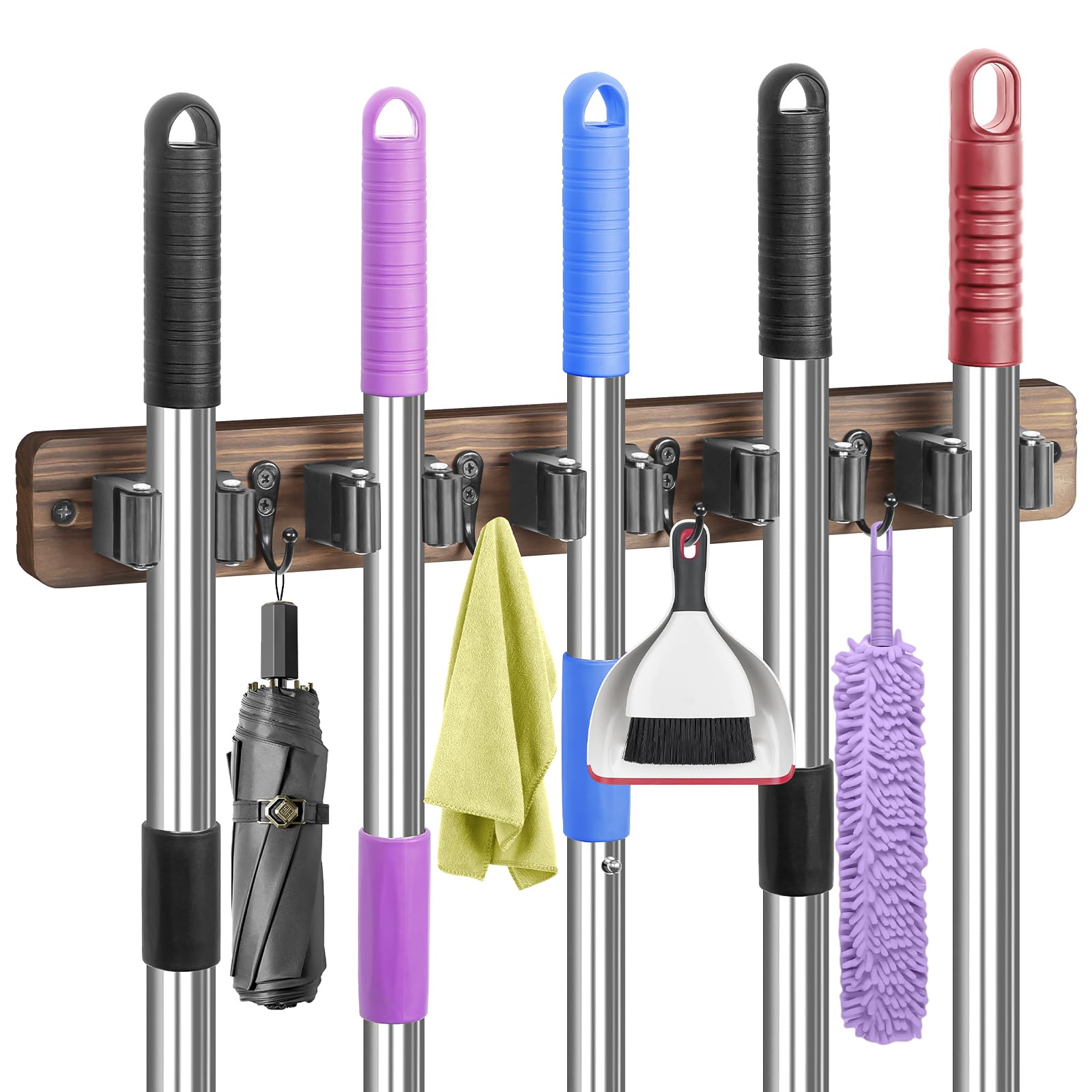 IMILLET Broom Holder Wall Mount, Wood Broom Holder with 5 Racks and 4 Hooks Broom Organizer, Laundry Room Organization and Storage, Mop Holder for Home Organization, Garden, Garage, Kitchen, Closet