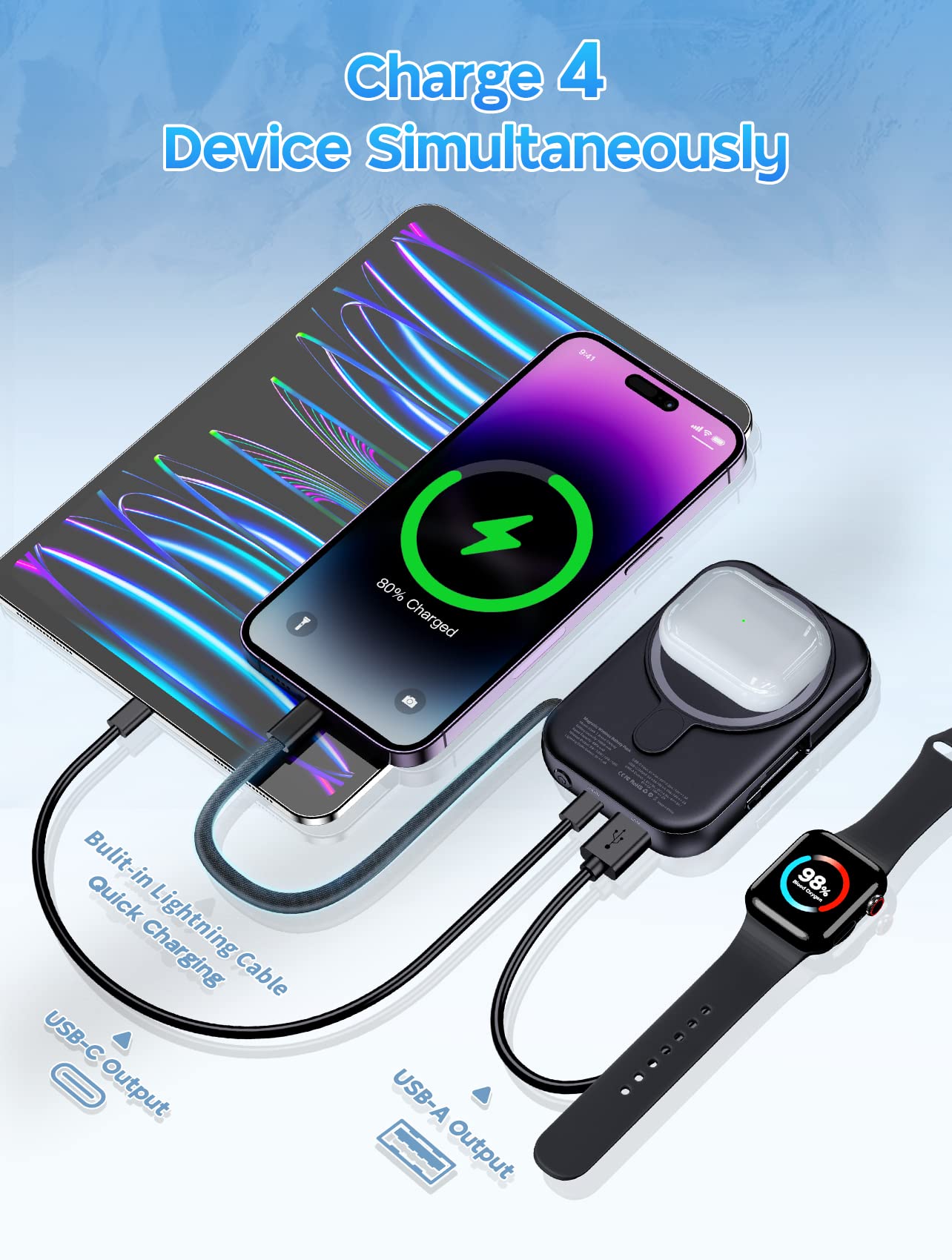 Ceftydy Magnetic Wireless Portable Charger, 10000mAh Battery Pack with USB-C Cable & LED Display, Built-in Lightning Cable, Magnetic Power Bank 20W PD Fast Charging for iPhone 15/14/13/12 Series