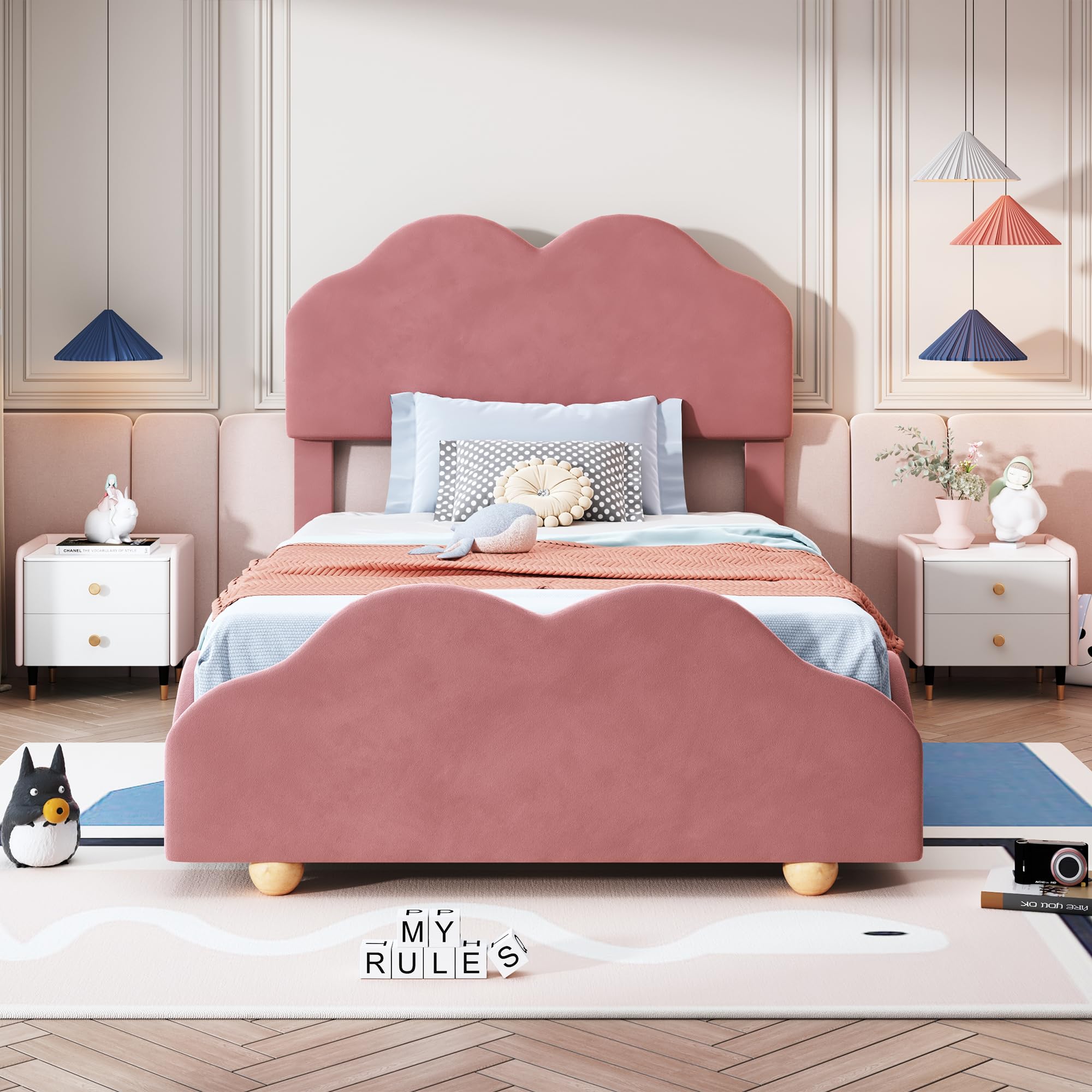 Favfurish Twin Size Velvet Upholstered Platform Bed with Cloud Shaped Headboard, Solid Pinewood Bed-Frame W/Supported Feet and Baffle, for Kids,Girls,Boys,Beige