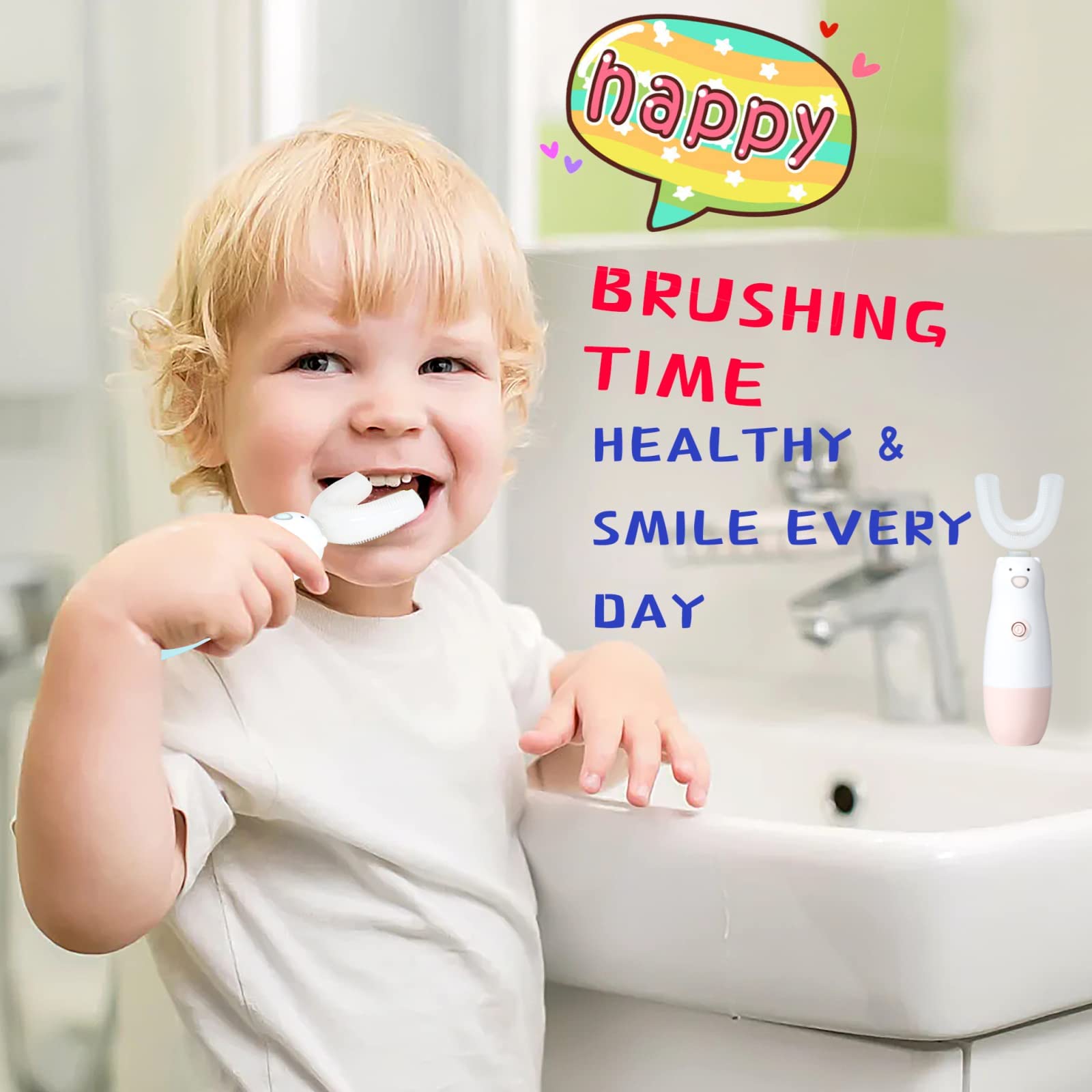Meqtpomy Kids Electric Toothbrush,6 Cleaning Models U Shaped Toothbrush Waterproof Battery Powered 360 Automatic Sonic Toddler Toothbrushes for 8-13 Years Old for Boys Girls(Blue)