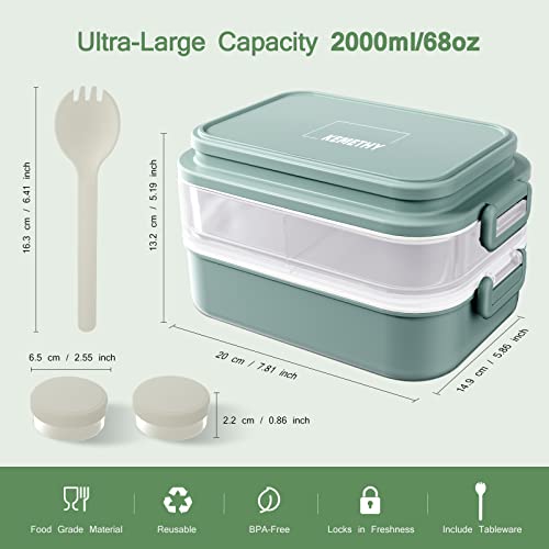KEMETHY Bento Box Adult For Lunch, Stackable Large Capacity Containers with Tableware and Sauce Cups for Adults, Leak-Proof 2000ML/68OZ Green