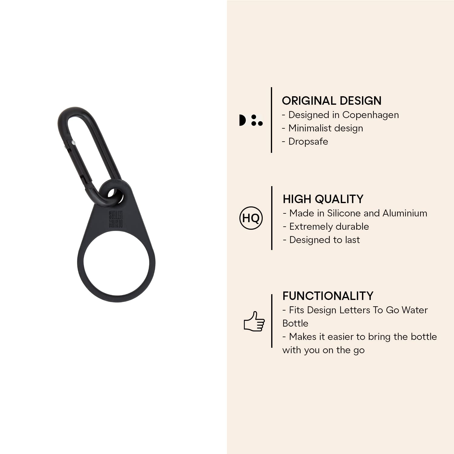 Design Letters Carry strap Water bottle (Black) - Makes it easy to carry your water bottle on the go, Mount it to your bag, Fits 500 ml and 330 ml watter Bottles, L: 7 x W: 4,6cm.