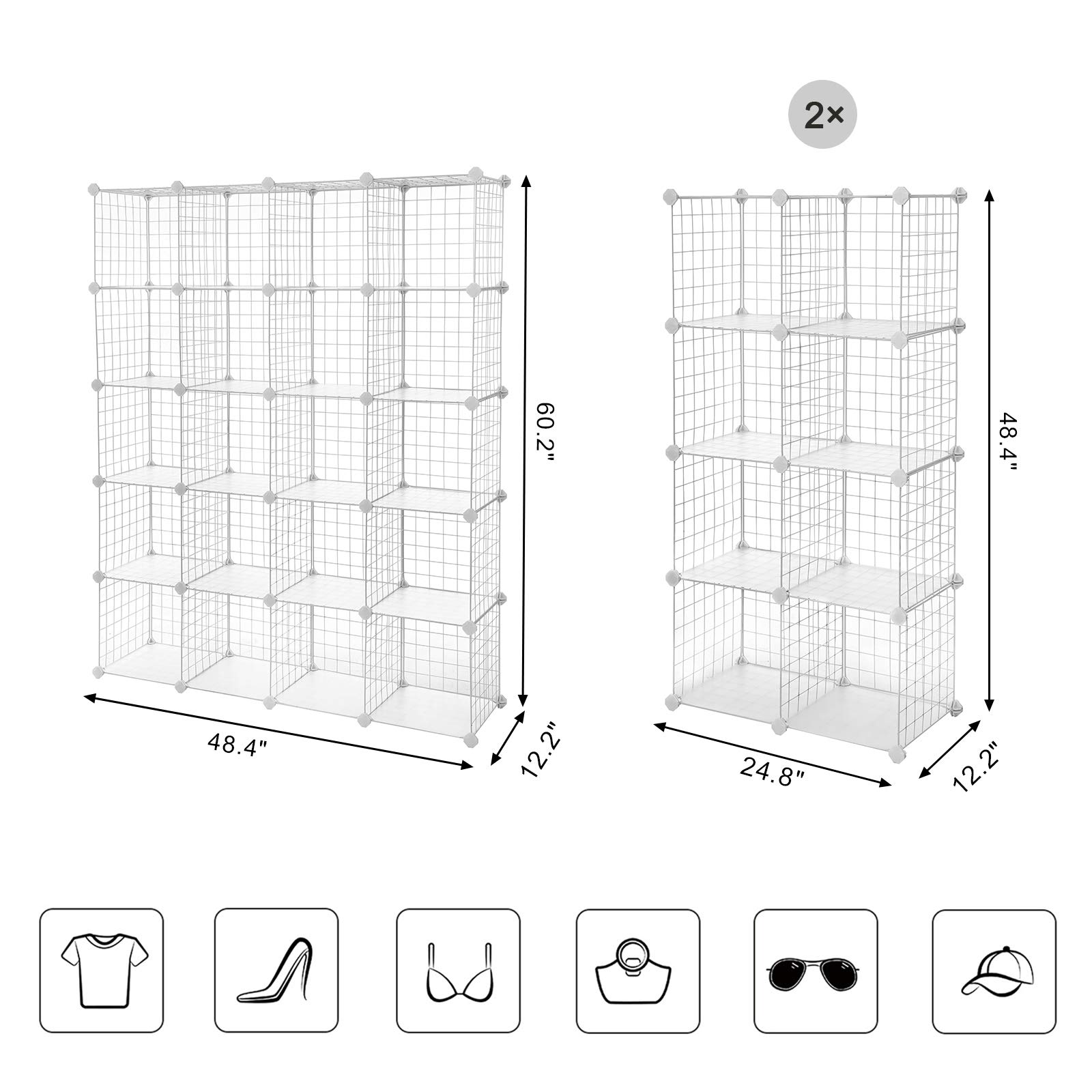 SONGMICS Wire Cube Storage, 20-Cube Modular Rack, Storage Shelves, PP Plastic Shelf Liners Included, 48.4" L x 12.2" W x 60.2" H White ULPI45W