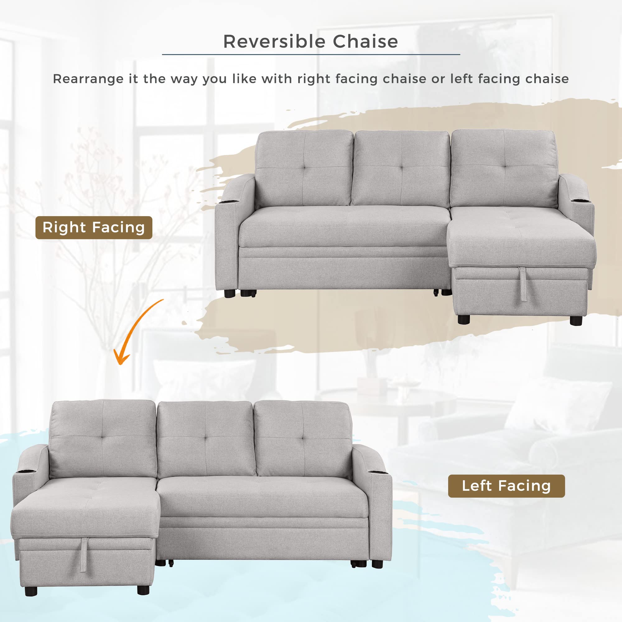 Merax 81inch Reversible Sleeper Sectional Sofa with Storage and 2 Cup Holder -Contemporary Corner Sectional with Pull-Out Sleeper and Chaise,3 Seat Sectional Sofa with Storage