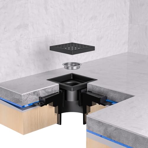 EXF Square Shower Drain 6 Inch Matte Black, Stainless Steel Shower Floor Drain Kit with Flange, Removable Grid Grate, Hair Strainer, Not Fit for Bathtub