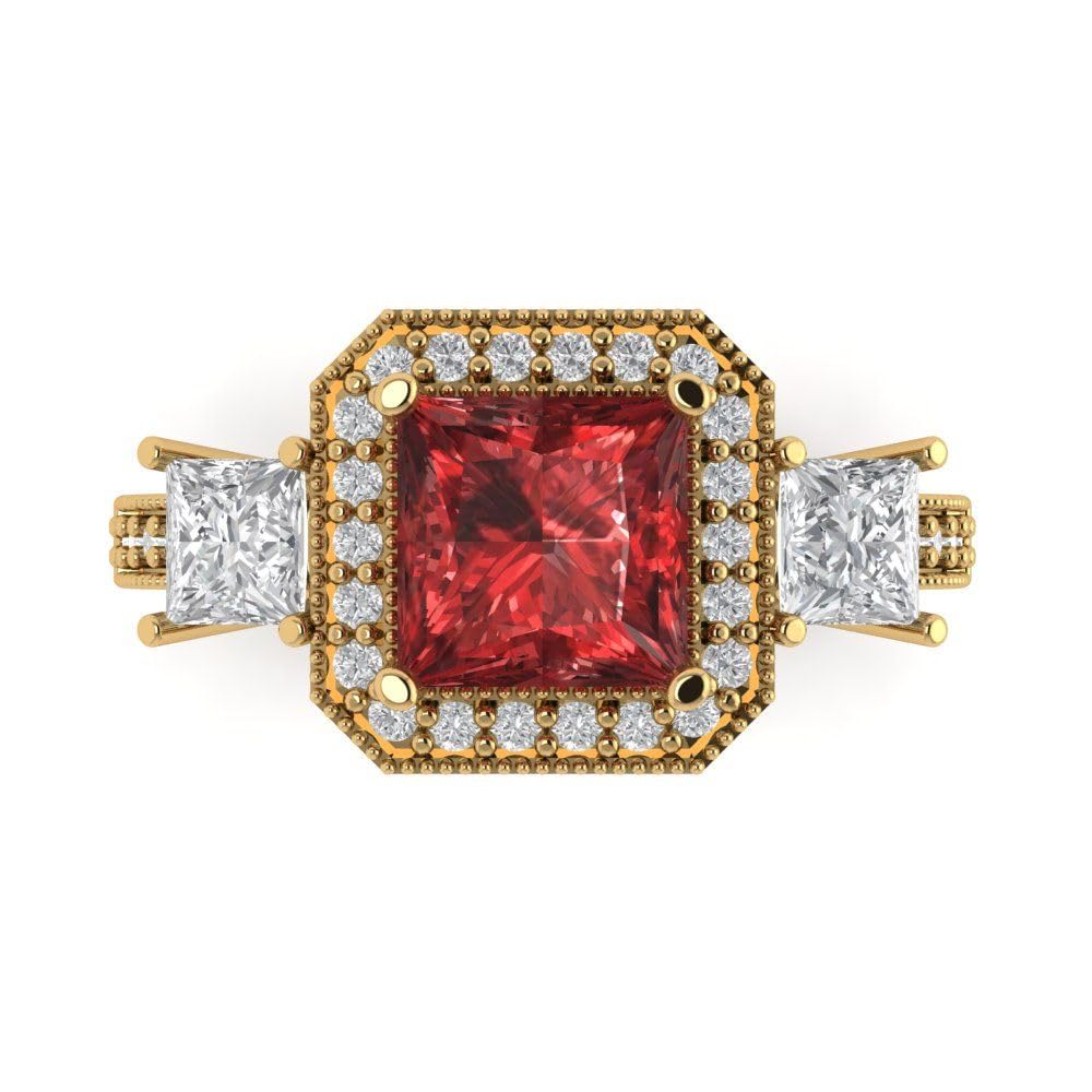 Clara Pucci 2.87ct Cushion Cut Halo Solitaire 3 stone Garnet Designer Wedding Bridal art deco Anniversary Ring 14k Yellow Gold 6.75
