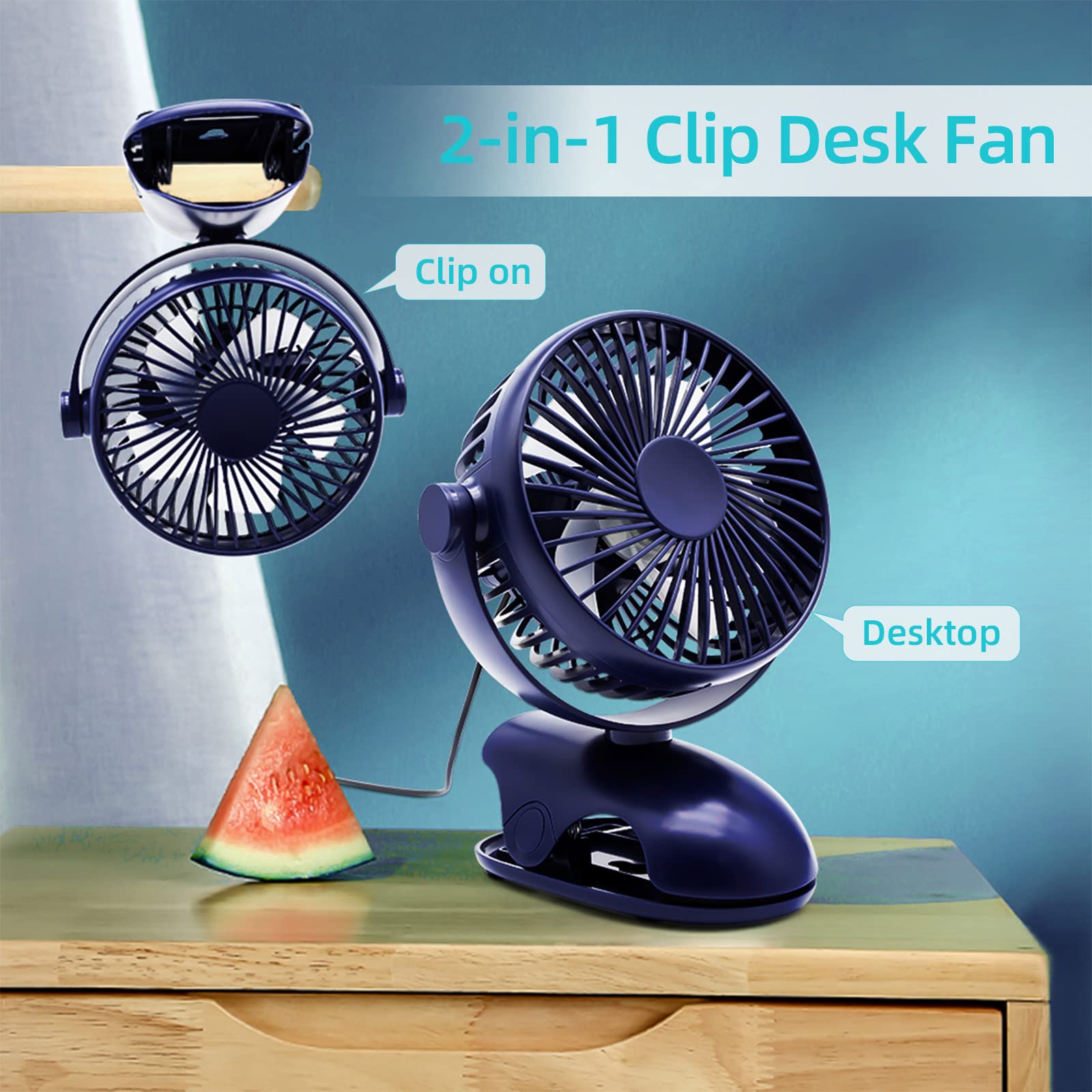 ELOUYCKE Clip on Fan, 6.7 Inch USB Small Table Fan, Portable Desk Fan with Strong Airflow, 4 Speed Adjustable, 720 Degree Rotation for Home Office Bedroom Table and Desktop (Blue)