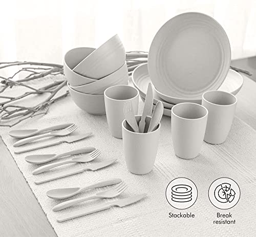 Wheat Straw Dinnerware Sets for 4 Lightweight & Unbreakable Dishes Microwave & Dishwasher Safe Perfect for Camping, Picnic, RV, Dorm Plates, Cups and Bowls (Beige, 24pc Set)