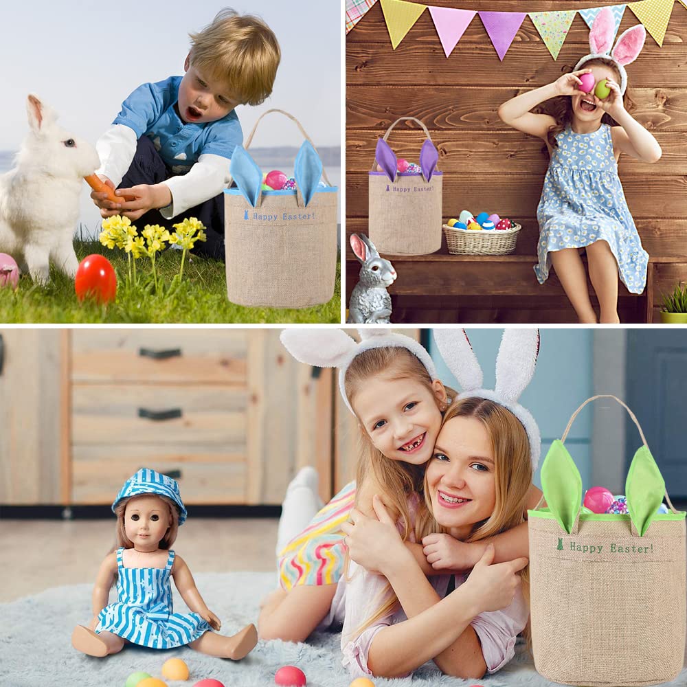Faylapa Easter Egg Hunt Basket for Kids, Bunny Bag with Fluffy Ears- Partys Celebrate Decoration Eggs Candy Gifts 2Pcs Carry Bucket