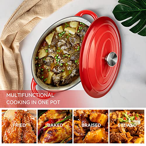Kerilyn 4.5 QT Enameled Oval Dutch Oven Pot with Lid and Dual Handles, Cast Iron Dutch Oven for Cooking, Bread Baking, Non-stick Enamel Coated Cookware (Red)
