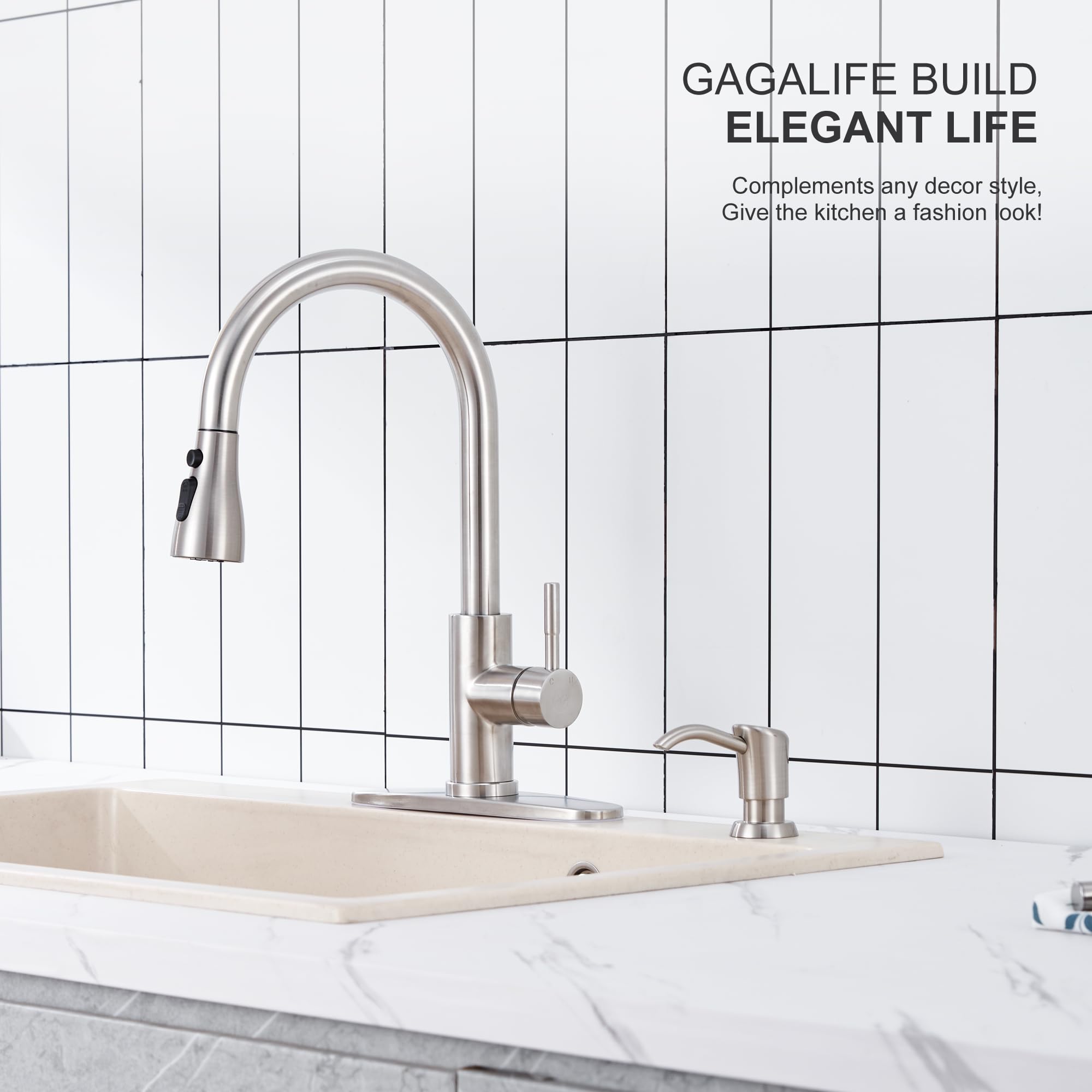 GAGALIFE Built in Sink Soap Dispenser or Lotion Dispenser for Kitchen Sink, Brushed Nickel ABS Pump Head, with 13 Ounce Large PET Soap Bottle
